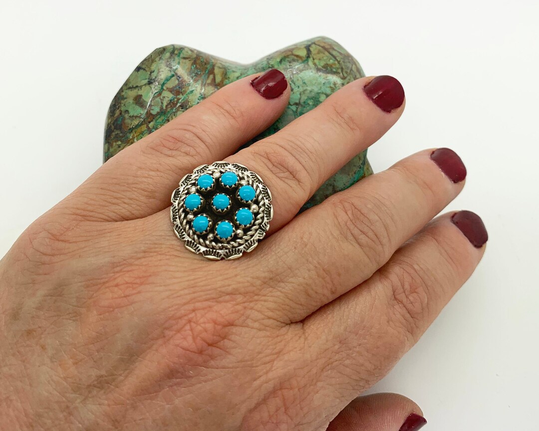 Round Snake Eye Turquoise + Stamped Silver Native Made Ring Sterling ...