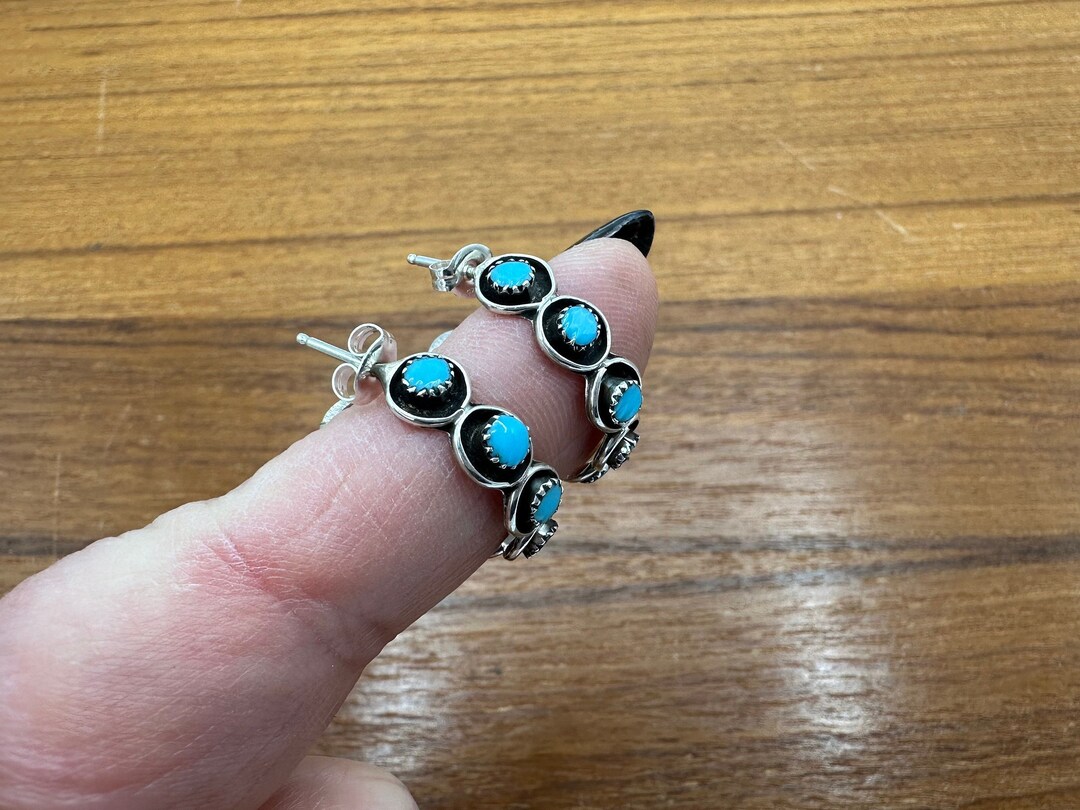 Small Turquoise Petit Point Hoop Earrings Zuni Native Made - Etsy