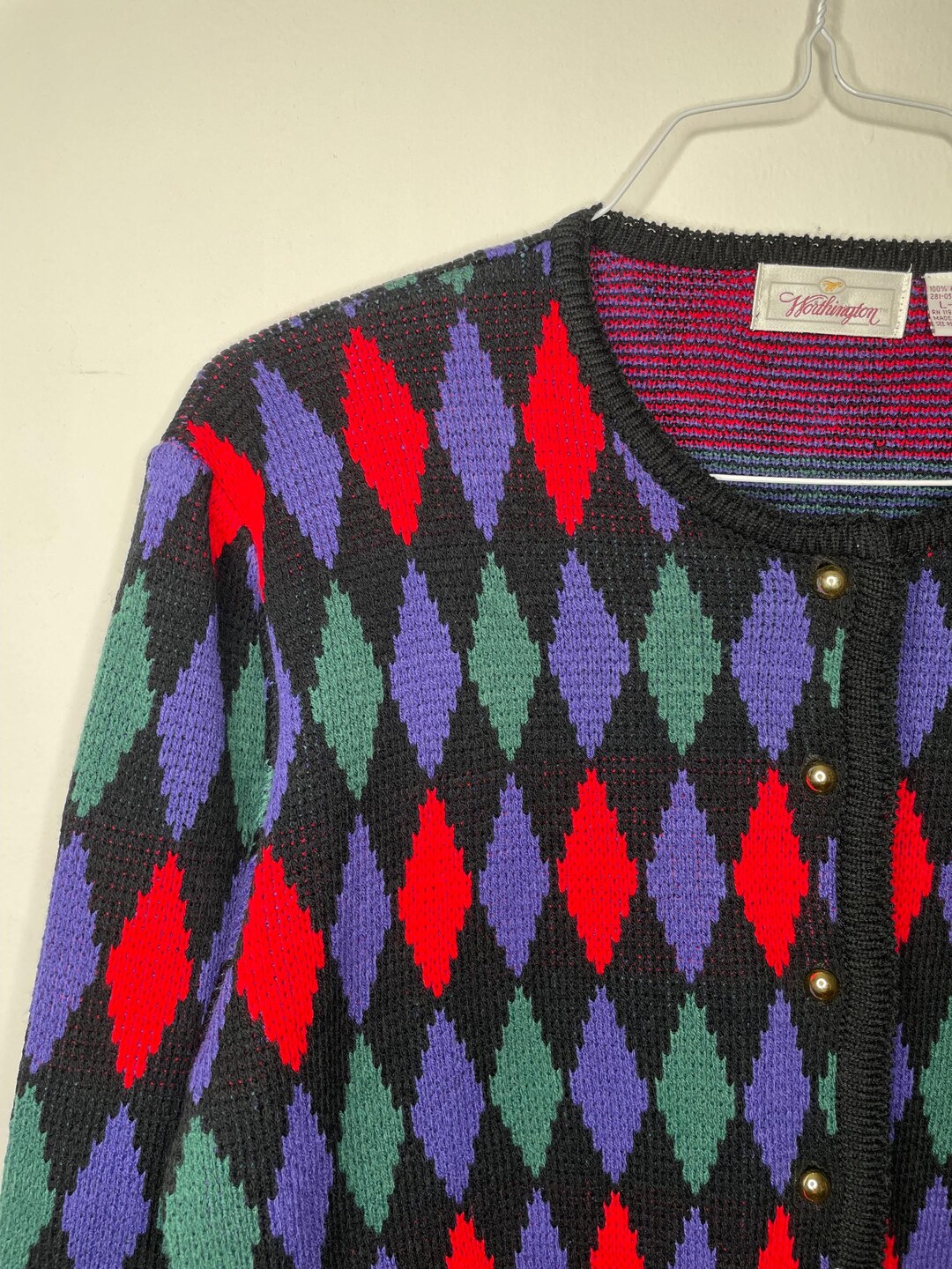 Colorful Vintage Diamond Pattern Cardigan Sweater | Fits up to L - Etsy