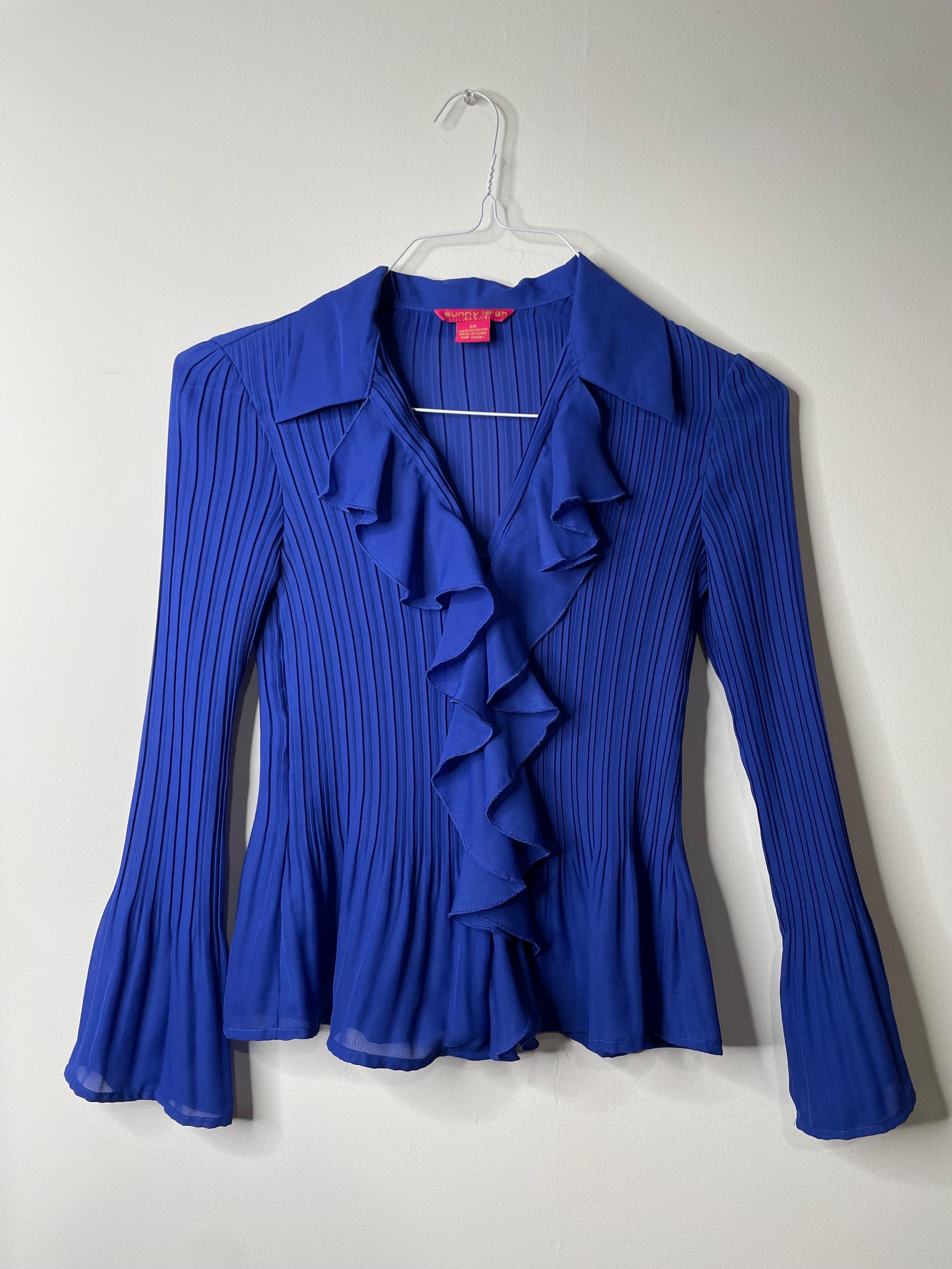 Y2k Semi-sheer Cobalt Blue Pleated Ruffle Blouse | Fits Like S - Etsy