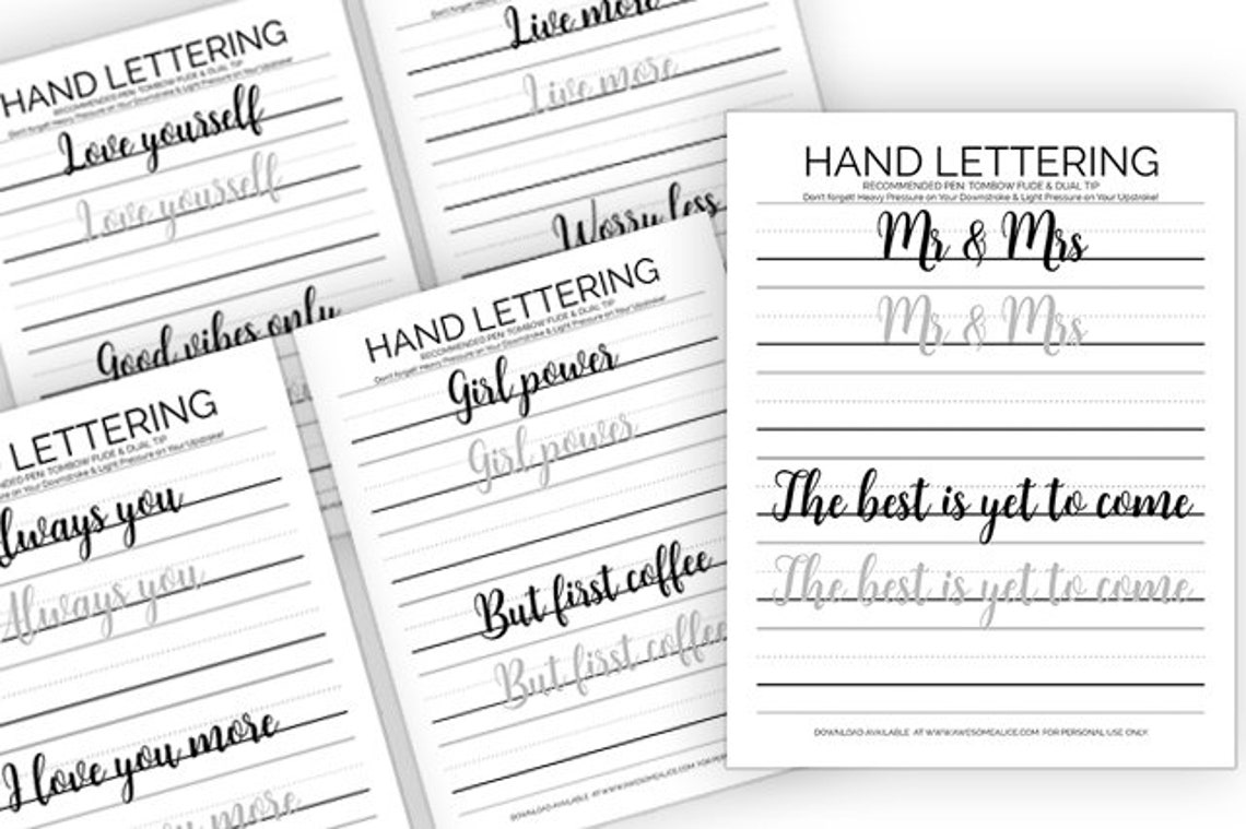 Set of 5 Quote Hand Lettering Practice Sheets Brush - Etsy