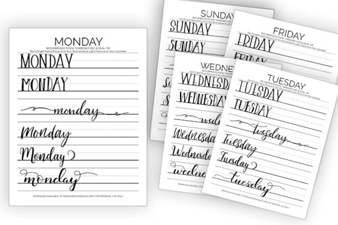 Days Hand Lettering Practice Sheets Brush Lettering Practice Worksheets ...