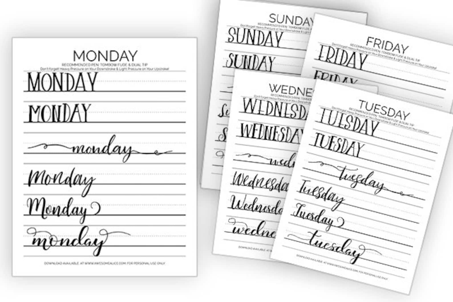 Days Hand Lettering Practice Sheets Brush Lettering Practice - Etsy