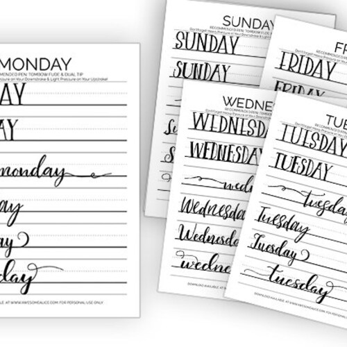 Days Hand Lettering Practice Sheets Brush Lettering Practice - Etsy
