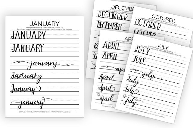 Months Hand Lettering Practice Sheets Brush Lettering - Etsy