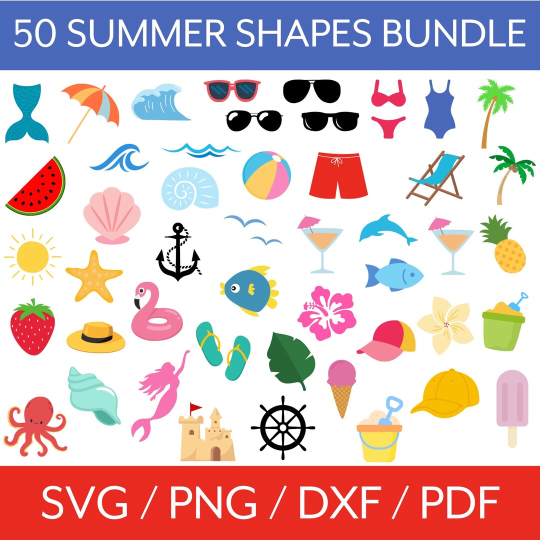 Summer SVG Bundle, 50 Beach, Ocean, Pool & Swimming Shapes Cut Files ...