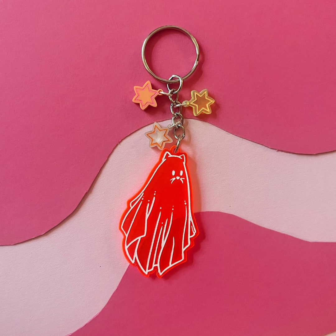 Cat Ghost Keychain, Plexiglass, Laser Cut, Cute Acrylic Keychain, Neon ...