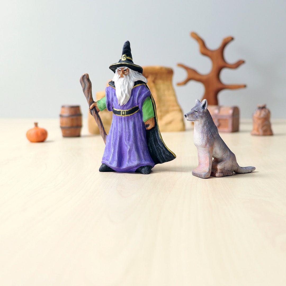 Handmade Wooden Wizard & Wolf Toy Set: Waldorf Montessori Figurine - Etsy