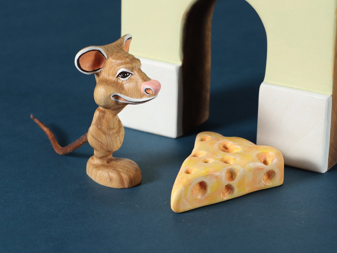 Mouse With Cheese Made of Wood, Cartoon Character Mouse, Hand Made Toy ...