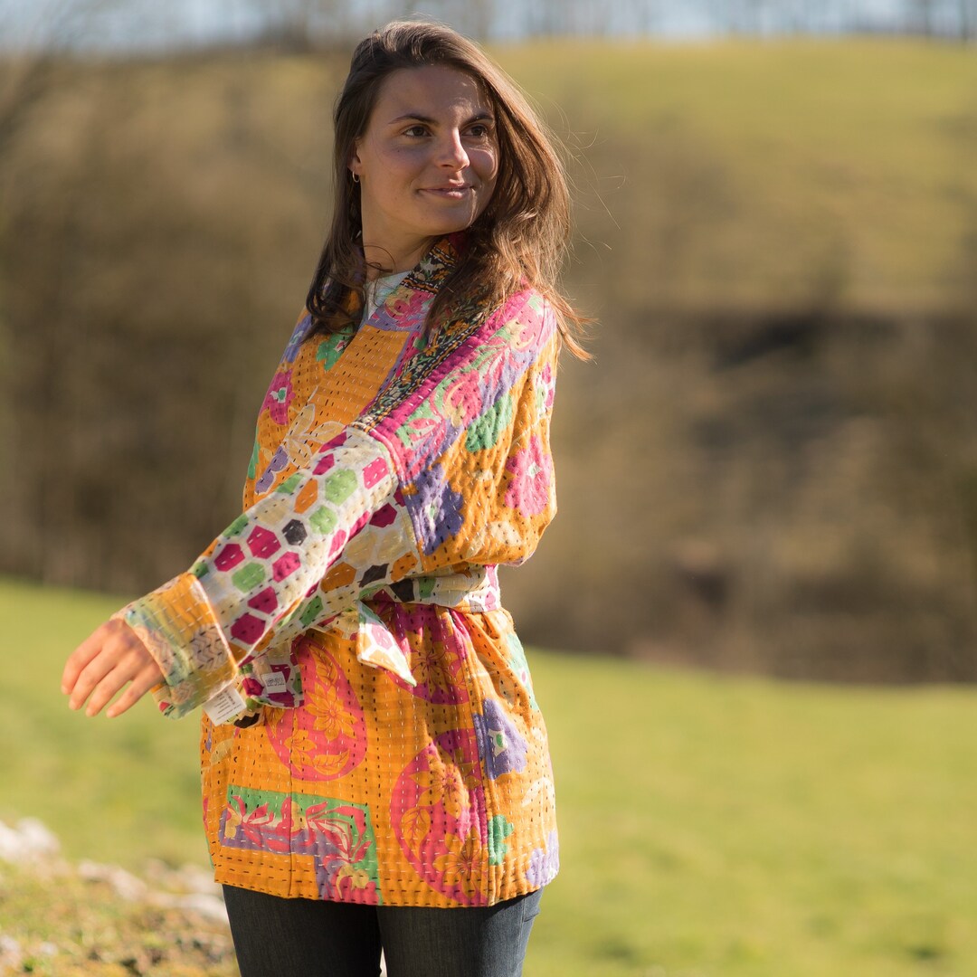 70's Flower Kimono Jacket, in Recycled Sarees and Handmade Kanta ...