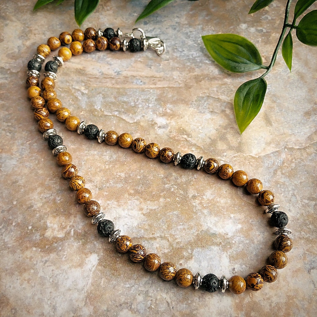 Men's Calligraphy Stone & Lava Bead Necklace: Boho Brown Gemstone ...
