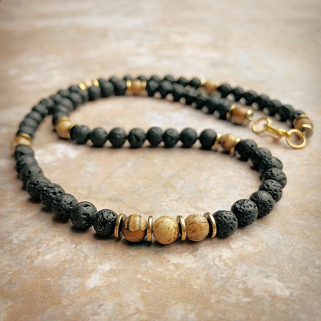 Men's Lava and Picture Jasper Necklace: Handcrafted Boho Jewelry, Black ...