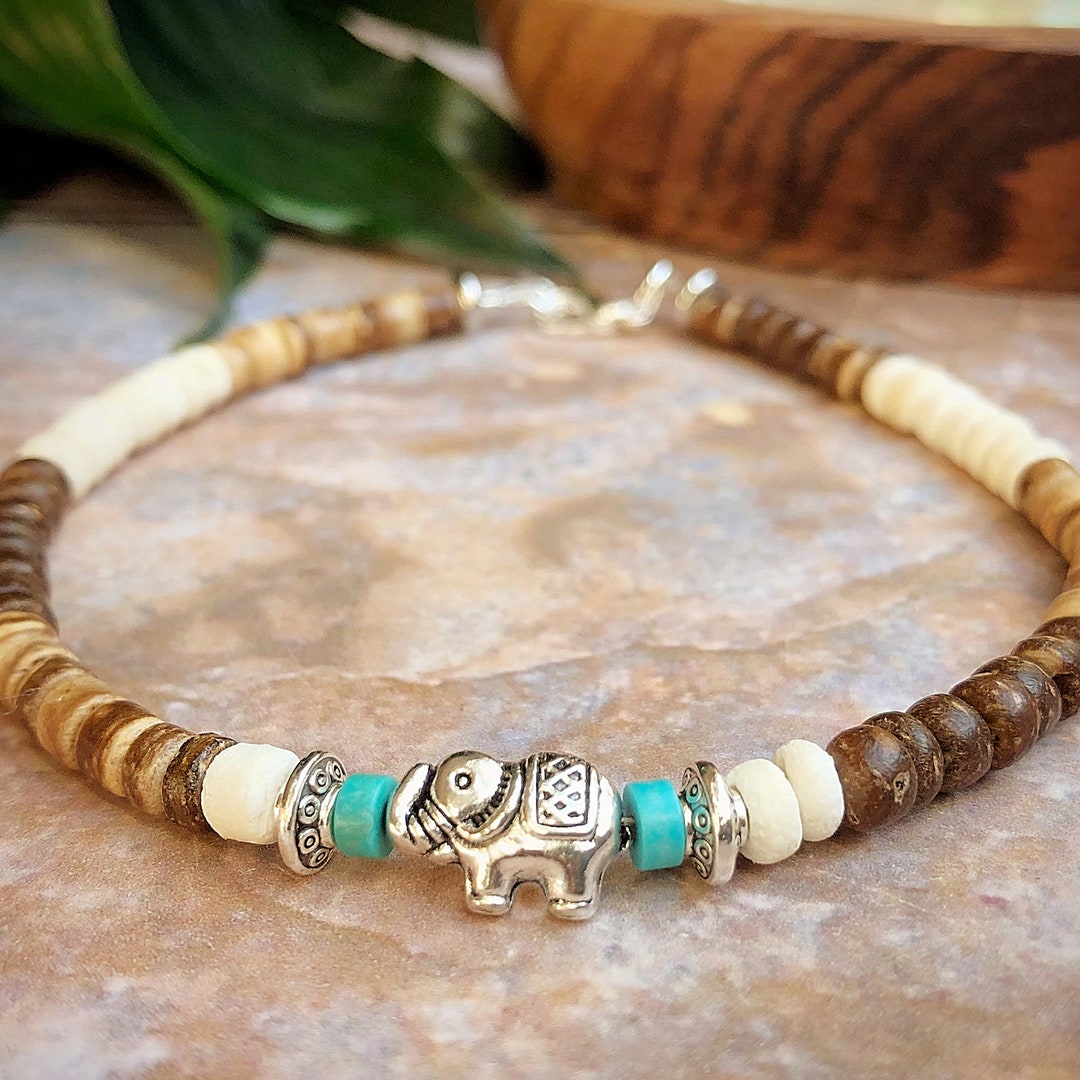 Rustic Island Elephant Anklet, Women's Wood Bead Anklet, Boho Beaded ...