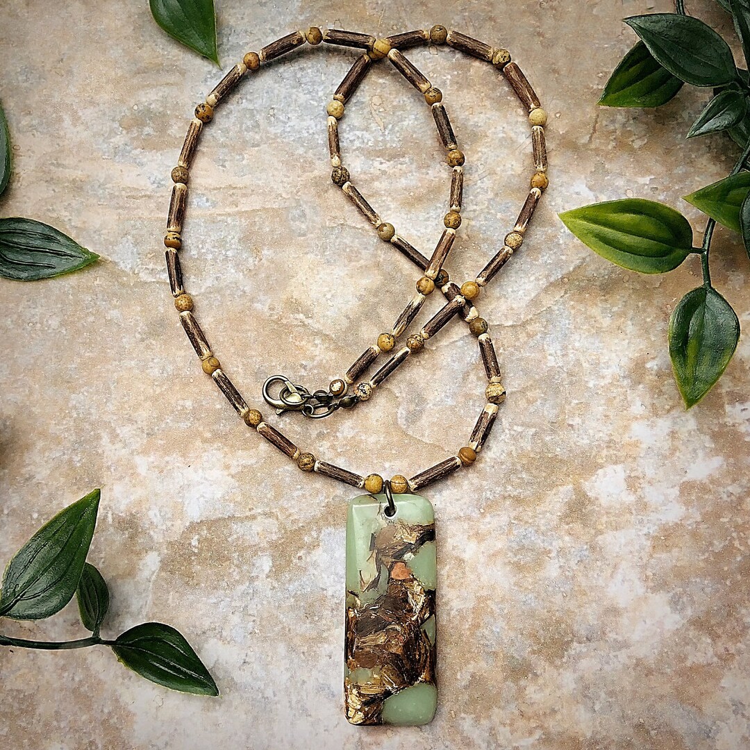 Men's Bronzite Pendant Necklace: Coconut Wood & Jasper Boho Jewelry - Etsy