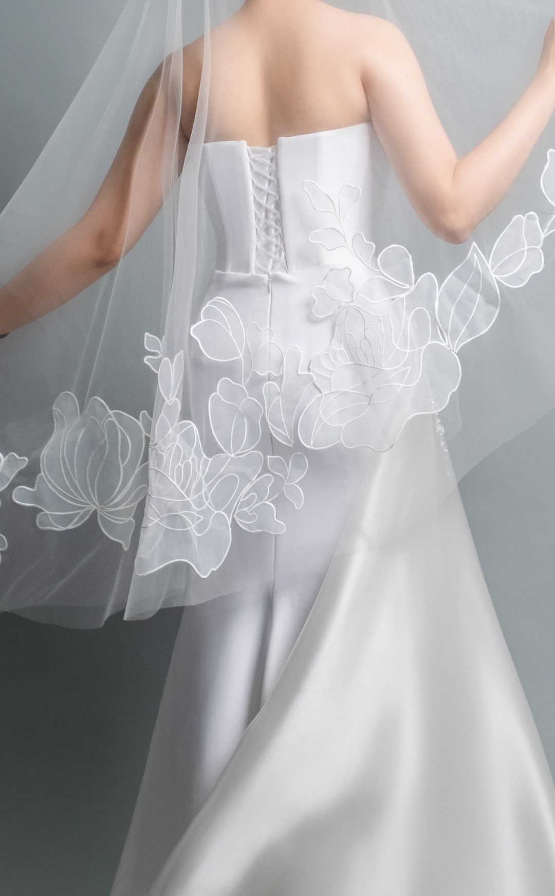 3D Lace Floral Veil Long Flowers Wedding Vei Cathedral Flowers Veil ...