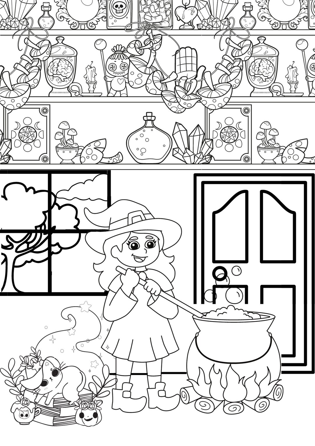 Witchy Coloring Sheet, Halloween Coloring, Downloadable Color Page ...