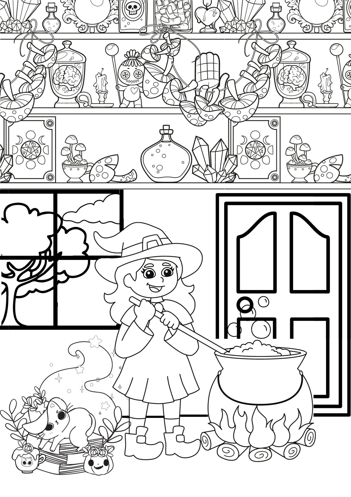 Hoja para colorear de brujas, colorear de Halloween, página de color ...