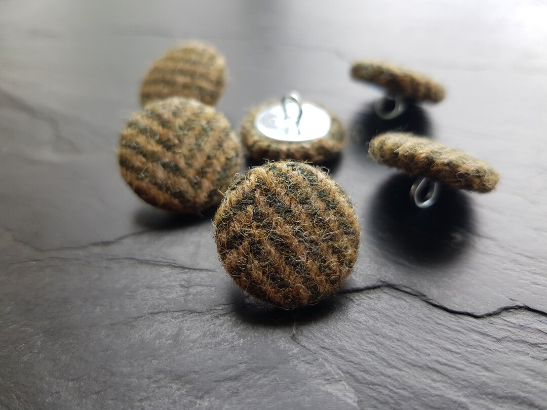 Hand Covered Olive Green Wool Buttons, Herringbone Abraham Moon Fabric ...