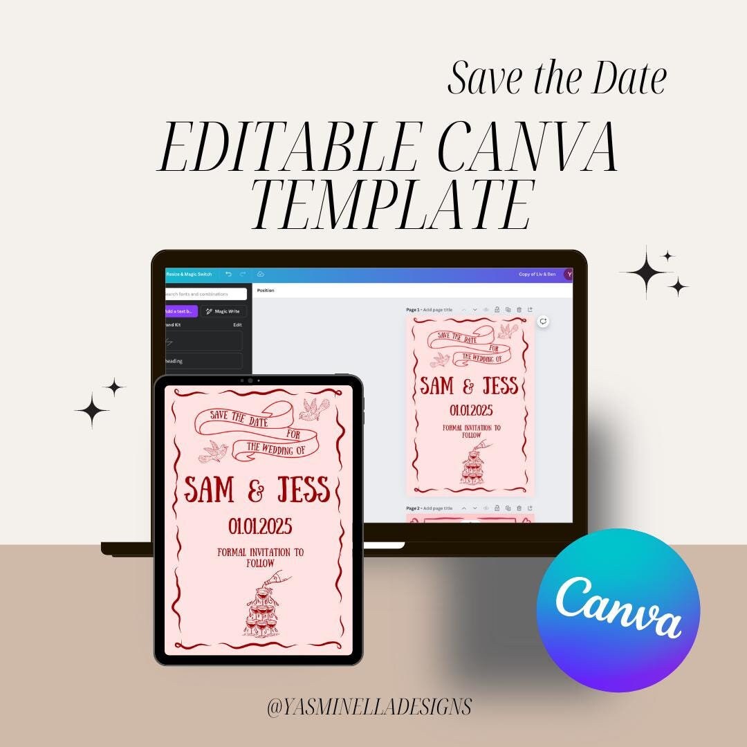 Pink and Red Save the Date Canva Template Digital File Template - Etsy