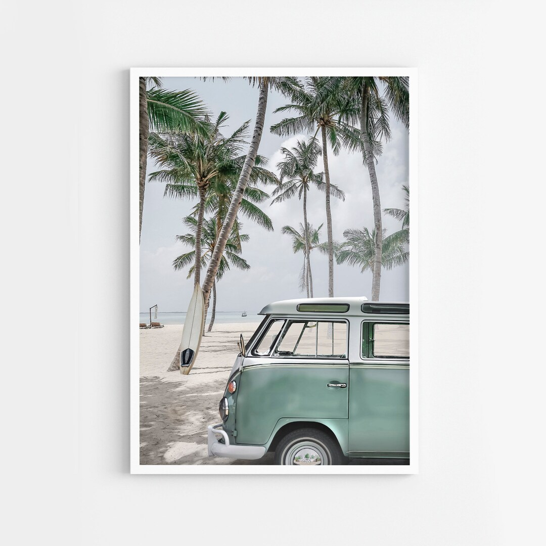 Downloable Art. Retro Beach Bus Print. Surfboard and Palm Trees on the ...