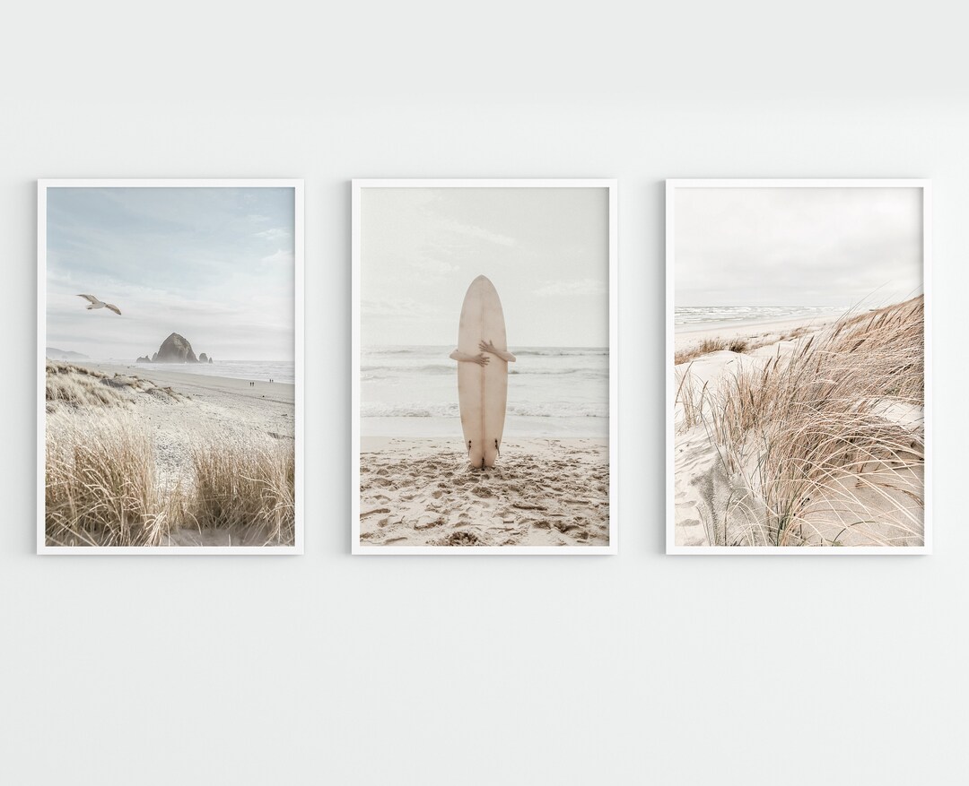 Neutral Boho Beach Posters. Set of 3 Digital Prints. A Seagull Flies on ...