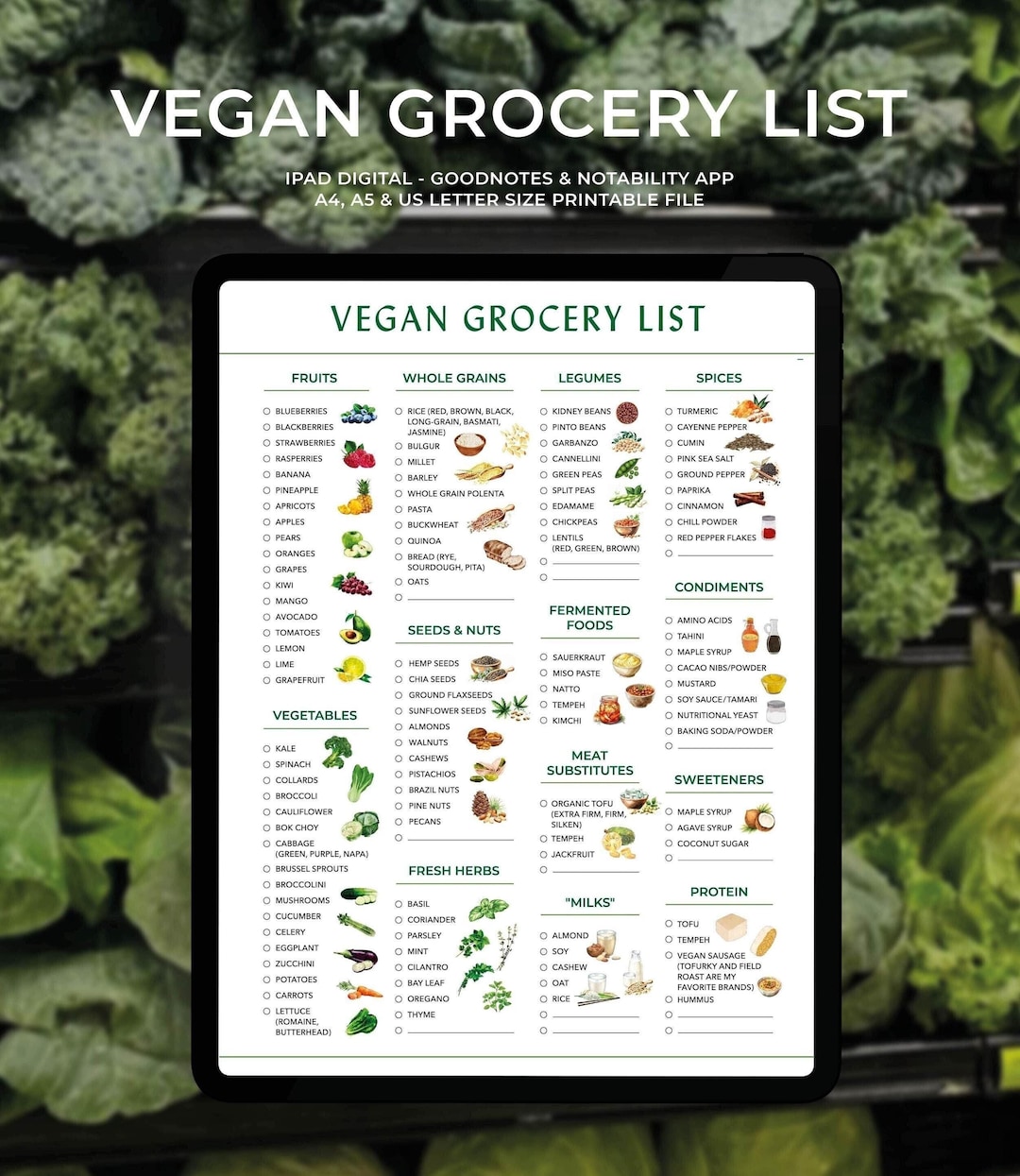 Healthy Grocery List | Printable Vegan Grocery Checklist | Digital Vegetarian Shopping List ...
