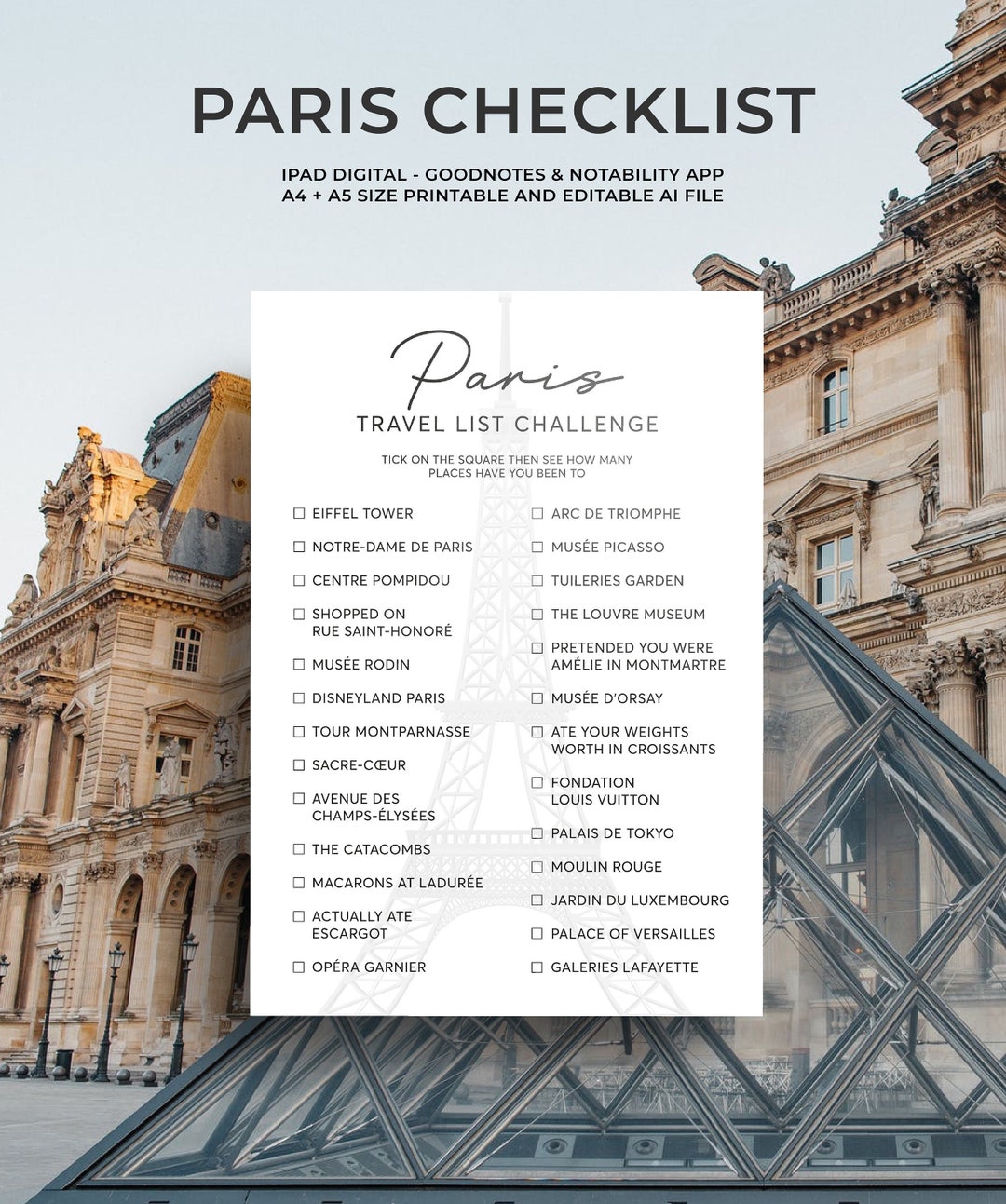 PARIS Travel Checklist & Travel List, Printable, Paris Vacation Ideas ...