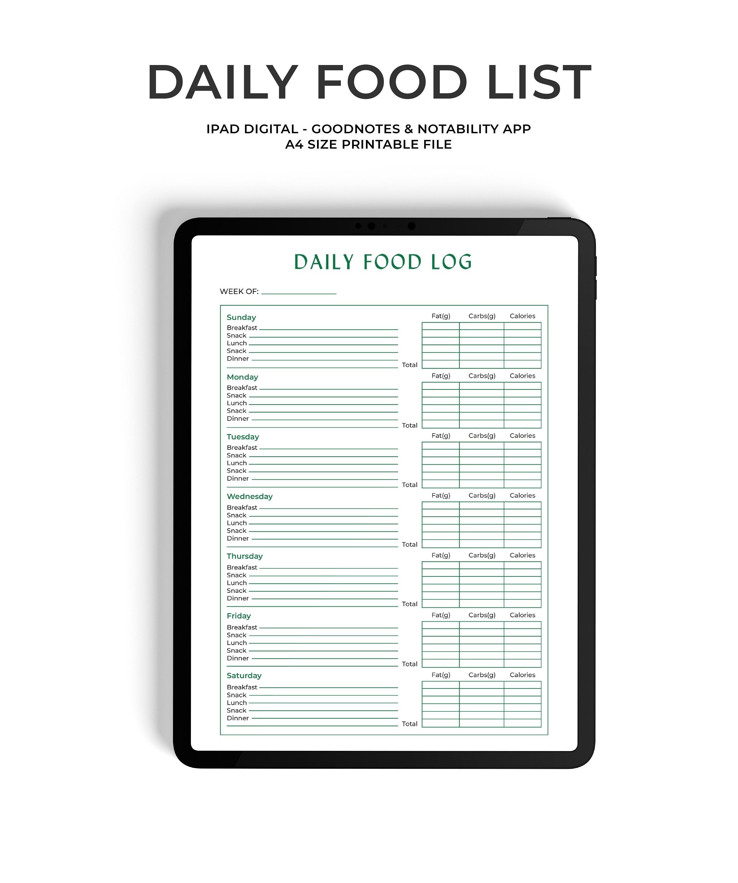 Daily Food Diary Journal Fitness Digital Planner Template Etsy