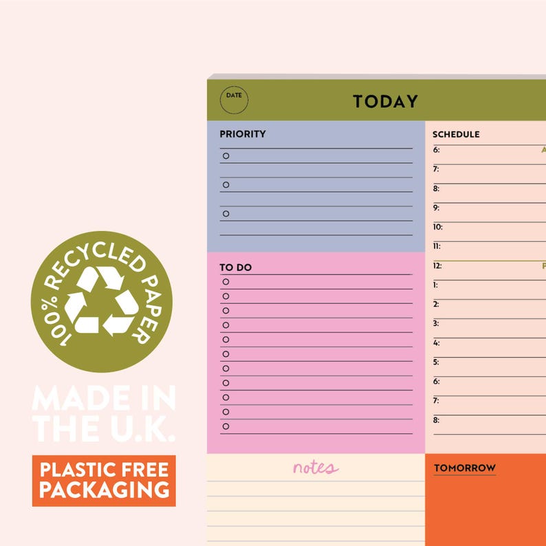 A5 Daily Planner Pad Hourly Planner Notepad Colour Block | To-do List ...