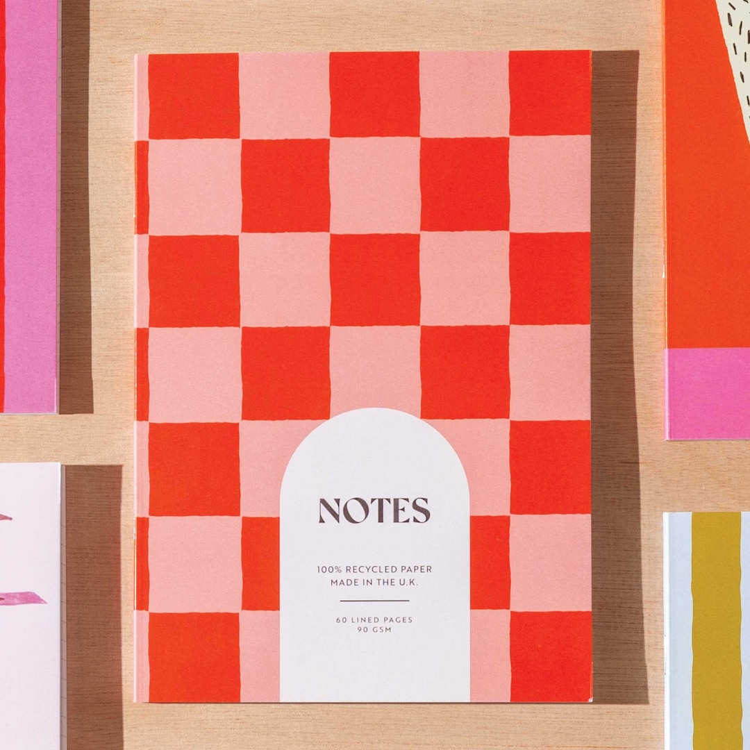 A5 Lined Notebook Peach and Cherry Red Checks | Ruled Journal ...