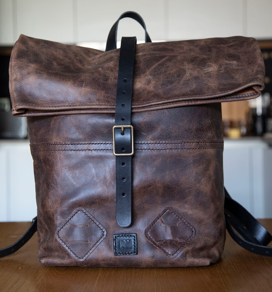 Handmade Traditional Large Buffalo Leather Roll-top Rucksack / Daysack ...