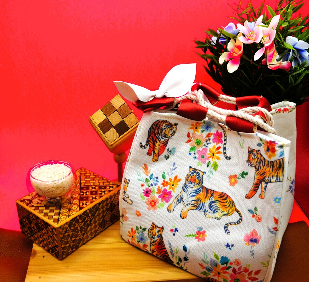 Komebukuro Rice Bag, Asian Tiger Drawstring Bag, Kinchaku Bag, Fabric ...
