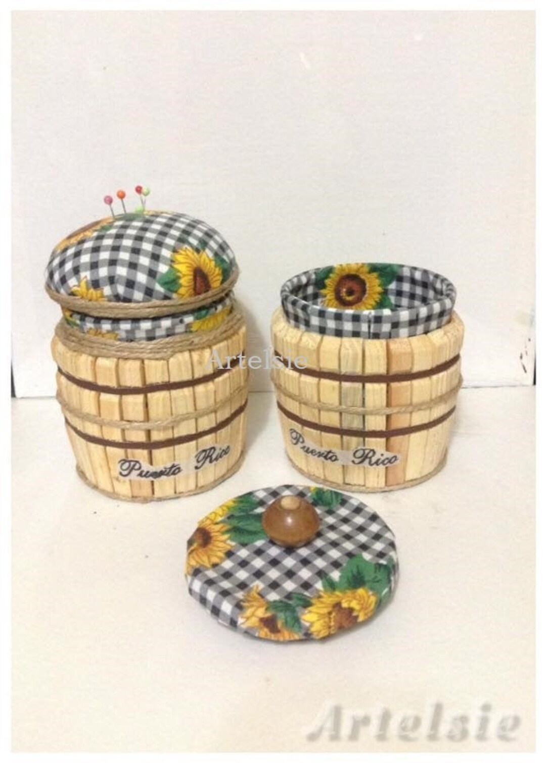 Pin Cushion and Barrel-shaped Chest Made of Wood and Covered in Fabric ...
