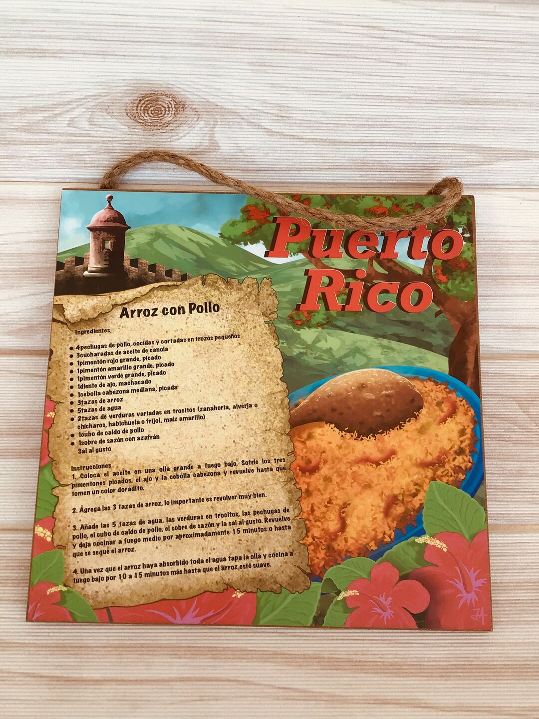 Decorative Kitchen Painting and Potholder With Puerto Rican Recipe ...