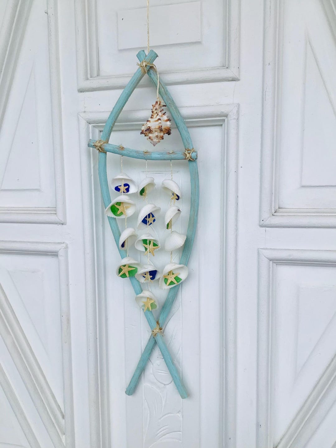 Wind Chime, Wooden Fish With Shells, Starfish, and Sea Glass. Summer ...