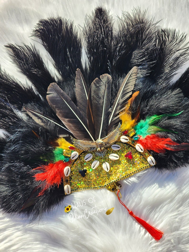 Ochun Oshun Ibu Kole Queen Goddess of Love Handfan With 5 Igun Feathers ...