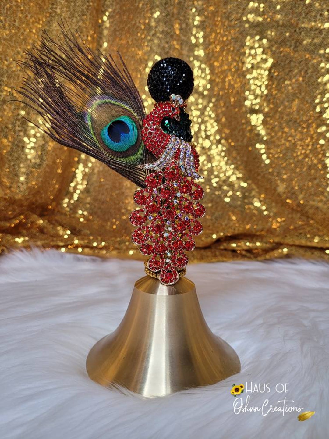 Oshun Ochun Ibu Kole inspiró pluma de pavo real y campana de latón de ...