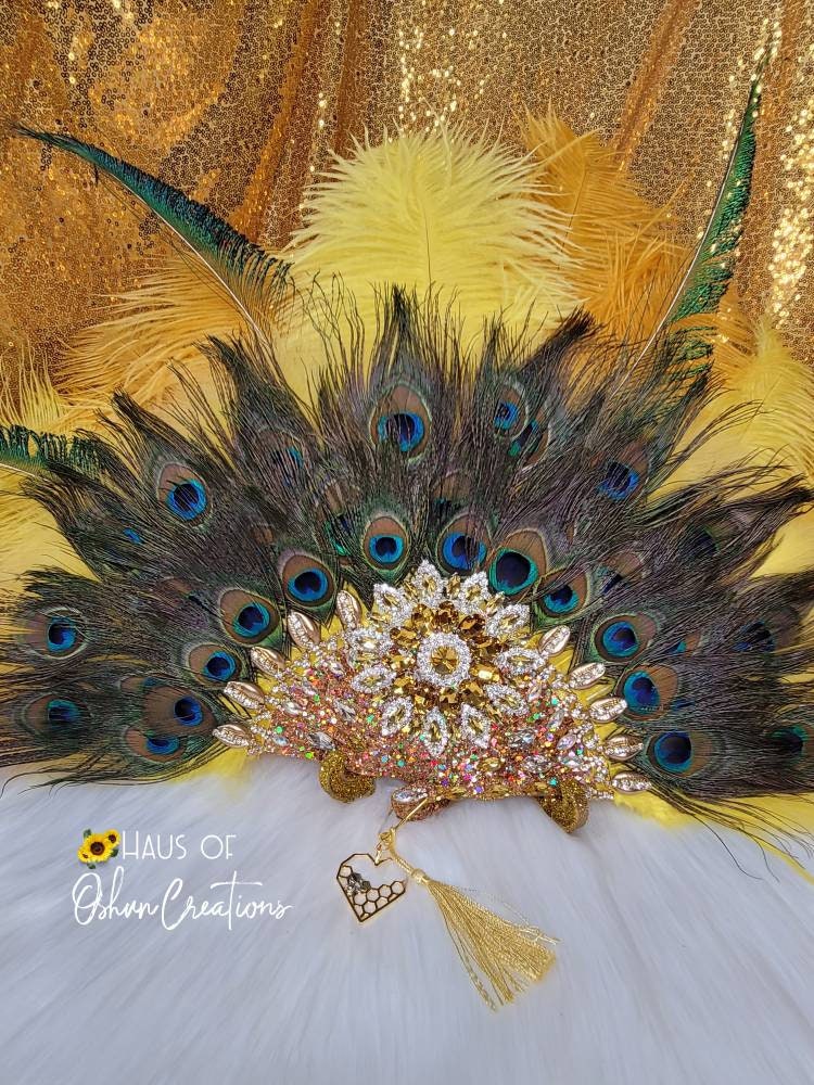Ochun Oshun Queen Goddess of Love Handfan Peacock Feathers Gold Jewels ...