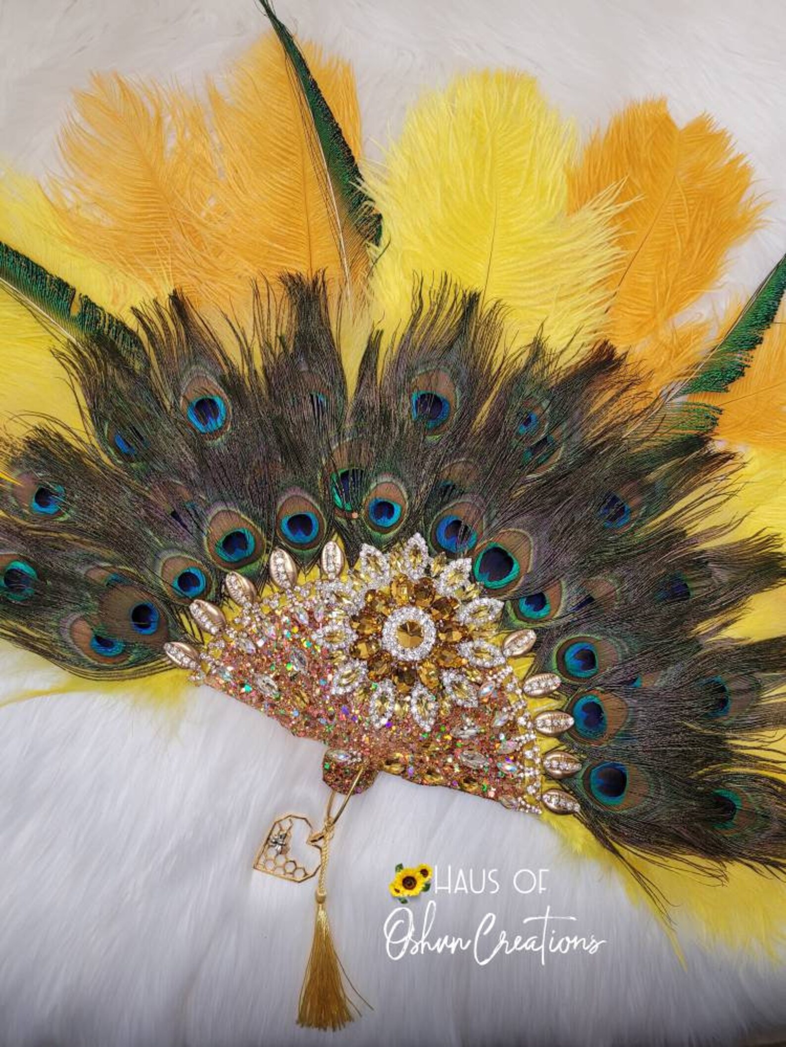 Ochun Oshun Queen Goddess of Love Handfan Peacock Feathers Gold Jewels ...