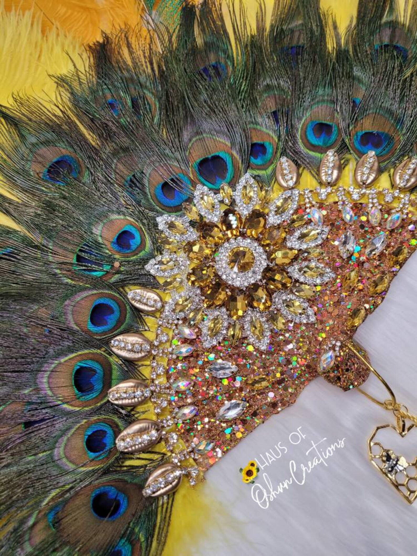 Ochun Oshun Queen Goddess of Love Handfan Peacock Feathers Gold Jewels ...