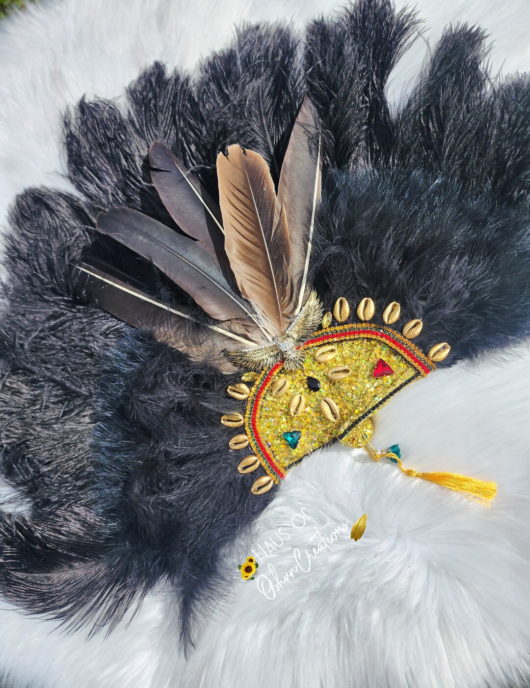 Ochun Oshun Ibu Kole Queen Goddess of Love Handfan With 5 Igun Feathers ...