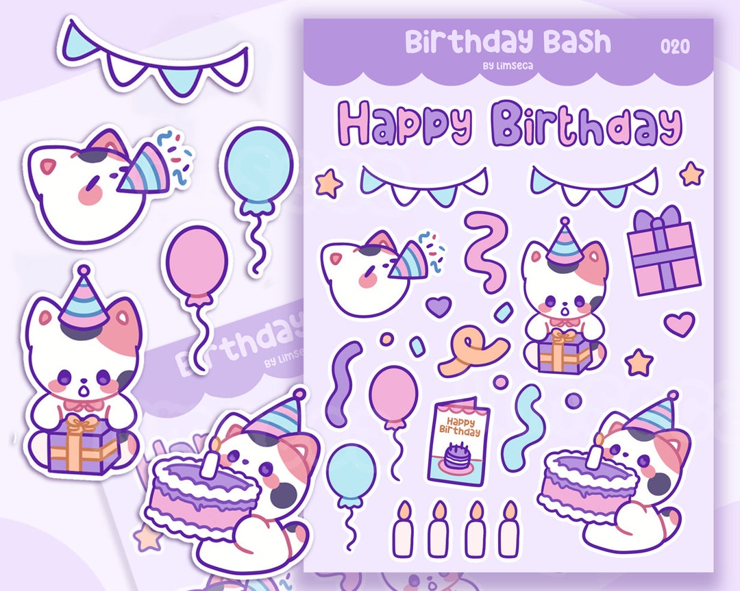 Birthday Bash Sticker Sheet Kawaii Purple Aesthetic, Cute Cat Theme ...