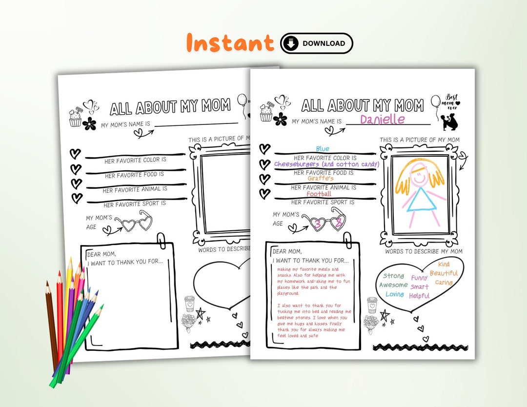 Mother's Day PRINTABLE Coloring Page All About My Mom INSTANT DOWNLOAD ...