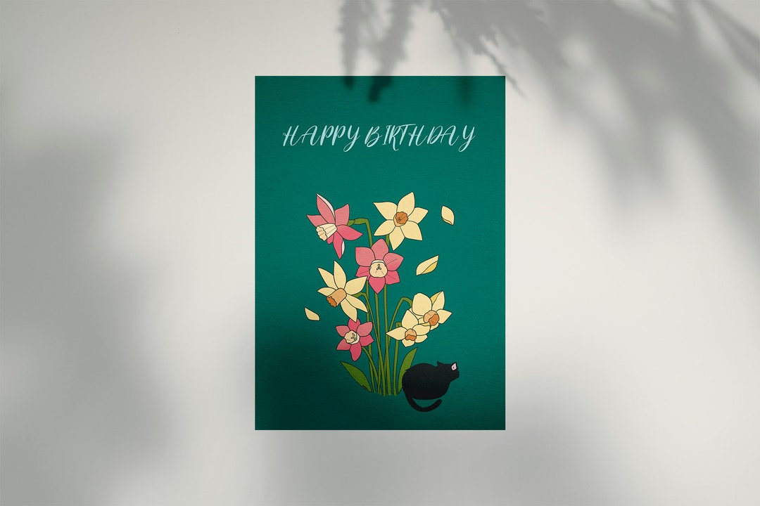Daffodil Printable Birthday Card Black Cat Green Birthday - Etsy