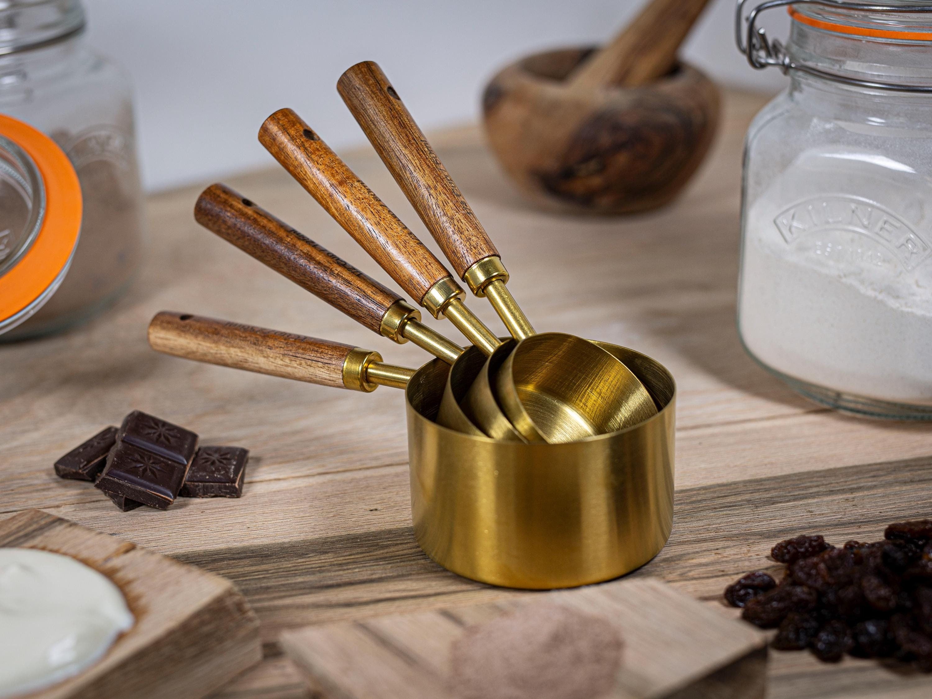 Gold Measuring Cup Set, Retro Kitchen Decor, Wood Kitchen Utensils ...