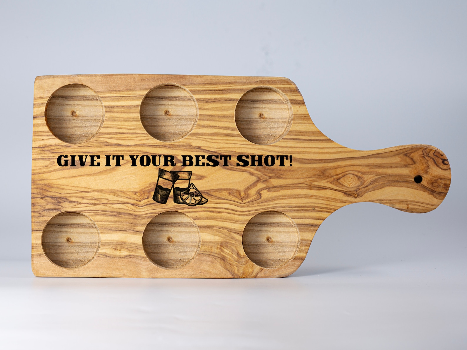 Bespoke Olive Wood 6 Shot Board, Wooden Drinks Holder, Engraved Shot ...