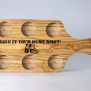 Bespoke Olive Wood 6 Shot Board, Wooden Drinks Holder, Engraved Shot ...