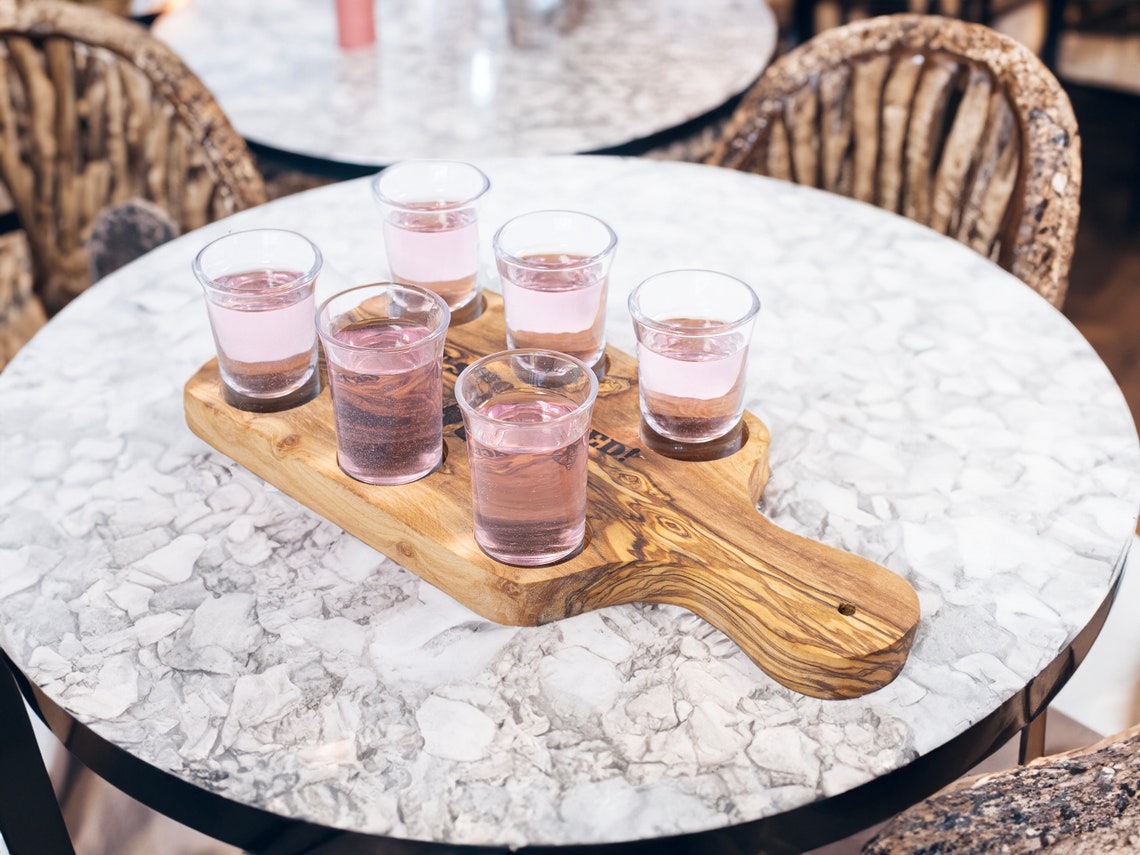 Bespoke Olive Wood 6 Shot Board, Wooden Drinks Holder, Engraved Shot ...