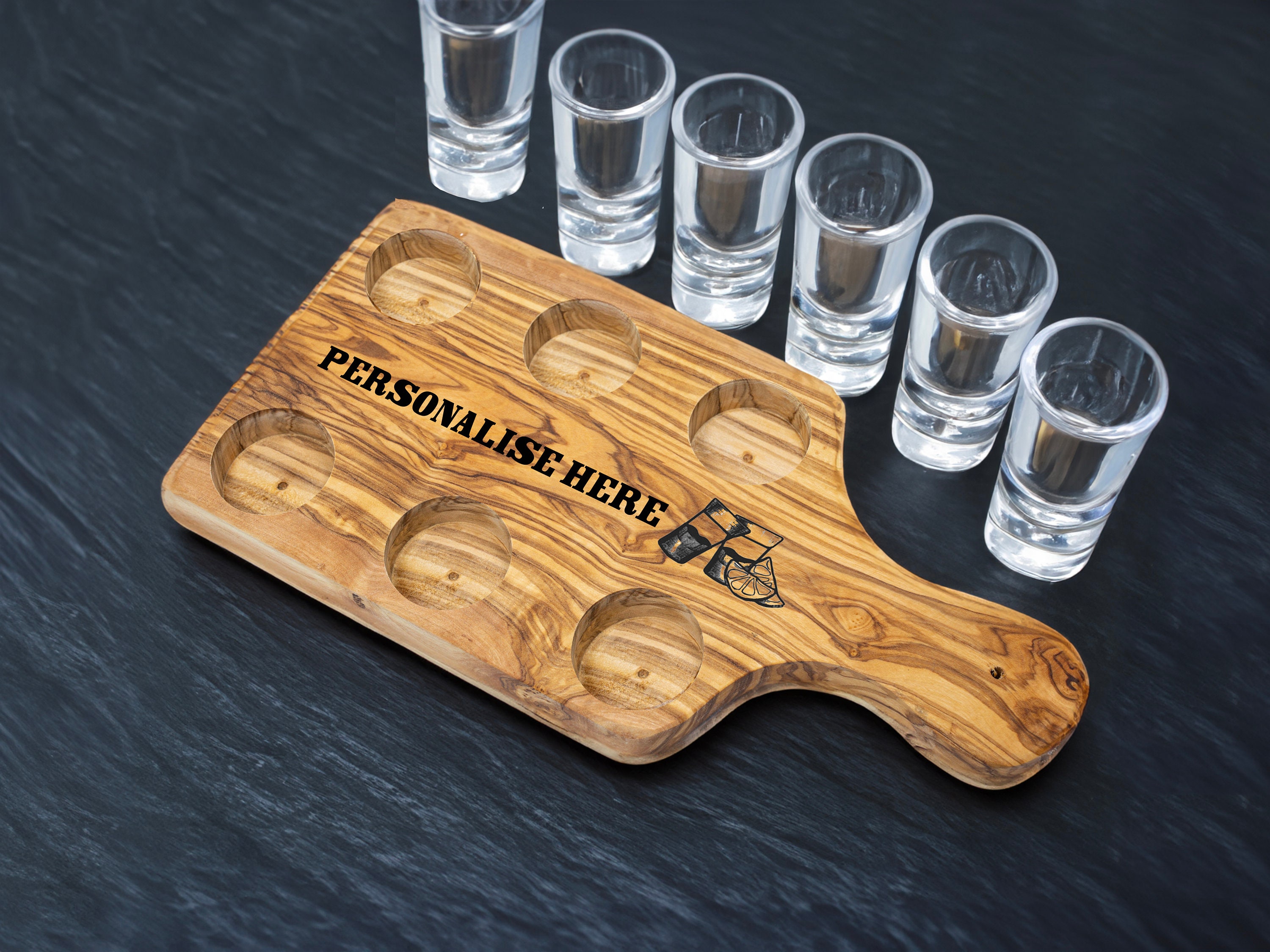 Bespoke Olive Wood 6 Shot Board, Wooden Drinks Holder, Engraved Shot ...