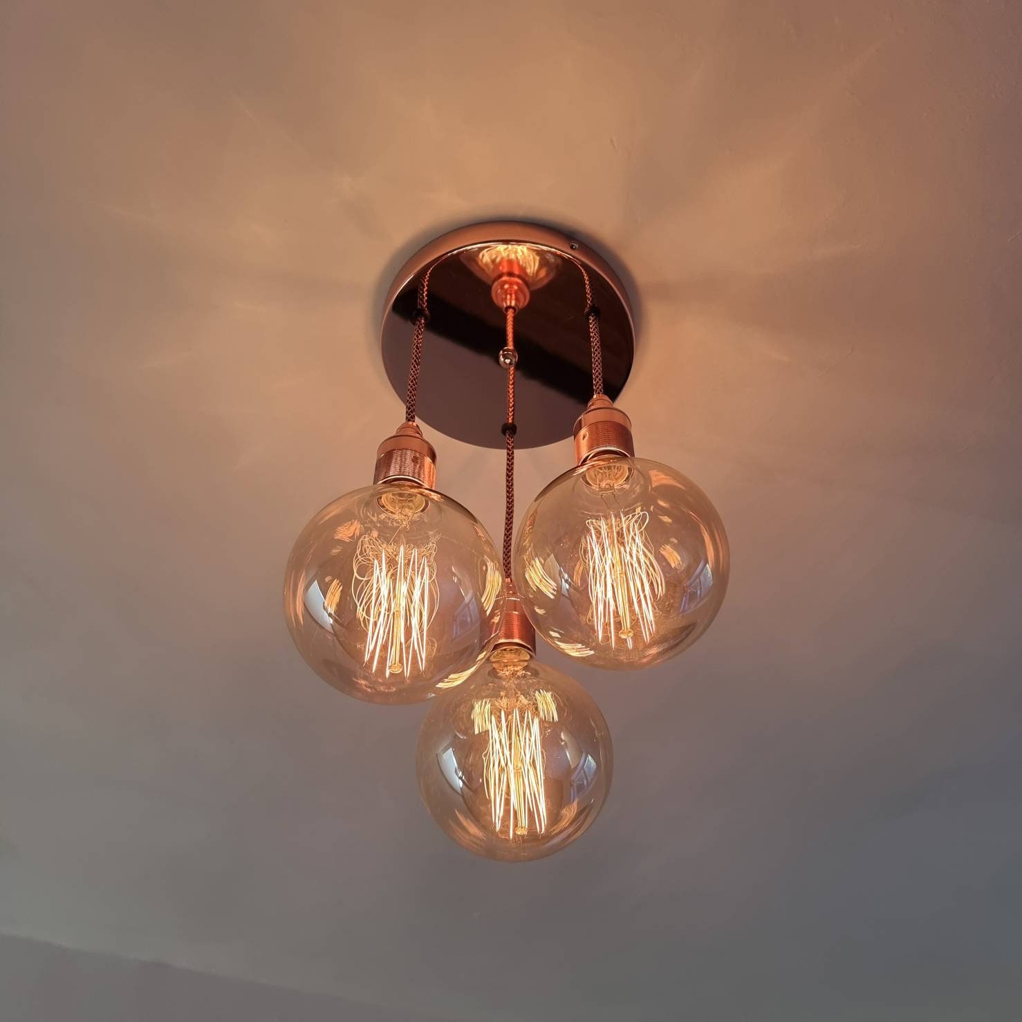 Polished Copper 3 Drop Pendant Ceiling Light without Bulbs | Etsy UK